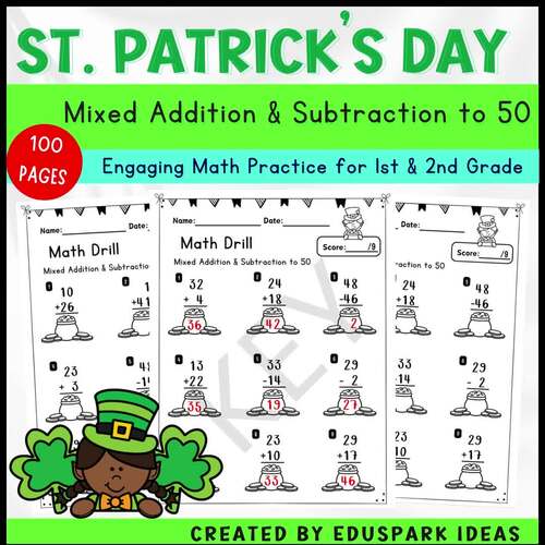 Mixed Addition & Subtraction to 50 – St. Patrick's Day for 1st & 2nd Grade