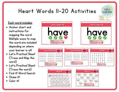Red Word / Heart Word /High Frequency Word Activity Pages Words 11-20