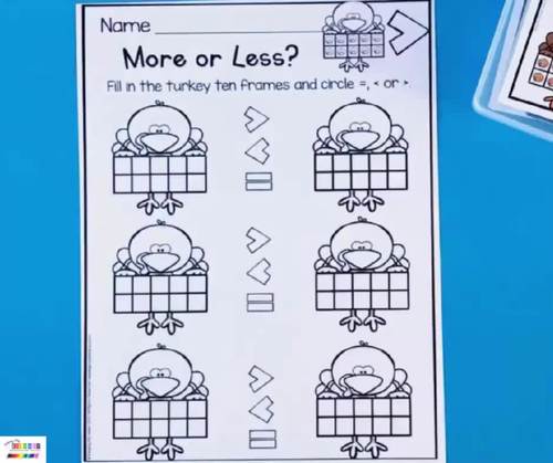 More than less than Kindergarten Preschool Math Center Turkey ten frames