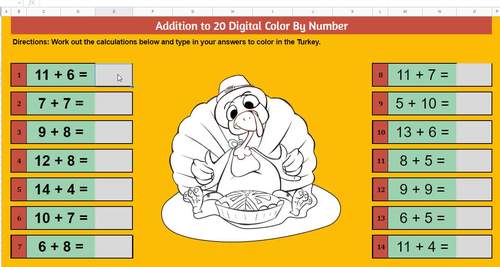 Digital Color by Number NO PREP - Turkey with Pie Addition to 20