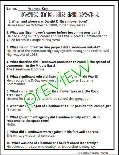 Dwight D. Eisenhower US President Study Guide Worksheet Coloring and ...