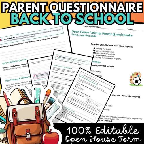 Back to School Parent Questionnaire | Editable Open House Form ...