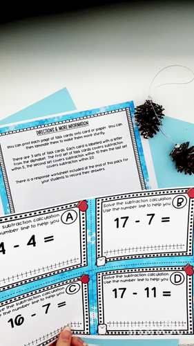 Winter Math Subtraction with a number line Task Cards Kindergarten 1st ...