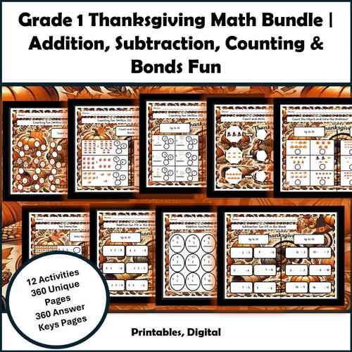 Grade 1 Thanksgiving Math Bundle | Addition, Subtraction, Counting ...