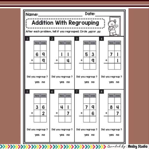 2-Digit Plus 1-Digit with Regrouping by Redsy Studio | TPT