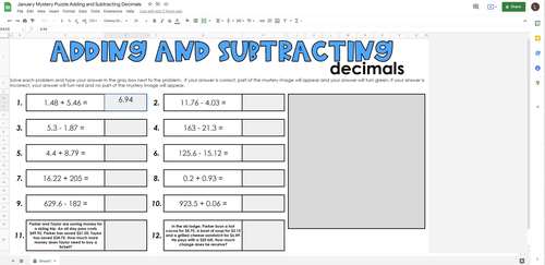 Adding and Subtracting Decimals Digital Mystery Puzzle Pixel Art
