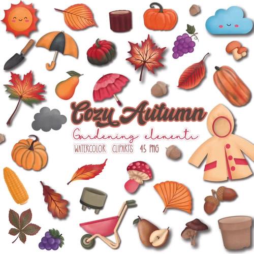 Cozy Autumn Fall Gardening Watercolor Clipart Bundle by SkyeCreativeStudio