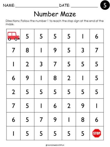 Number Maze Preschool Worksheets Printable, Number Identification, T- 298