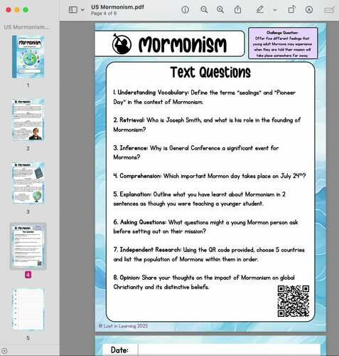 Mormonism LDS || World Religions || Guided Reading Comprehension ...