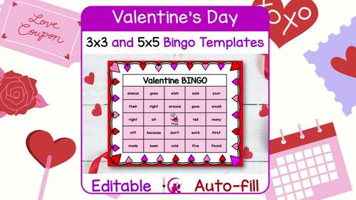 Valentine *Editable* Auto-fill Bingo Templates by Cynosure | TPT