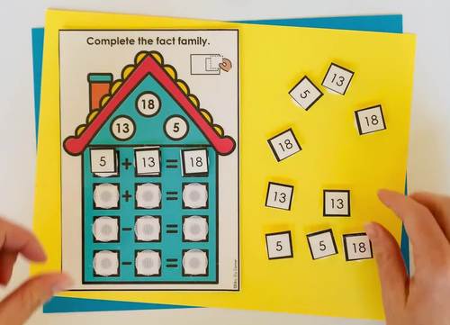 Add and Subtract Fact Families Work Bin Task Cards | Centers for Special Ed