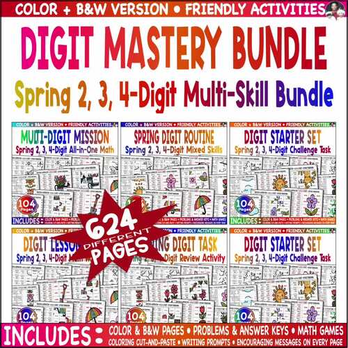 Spring 2, 3, 4-Digit Multi-Skill Math Mastery Mystery Cut Paste Bundle Set