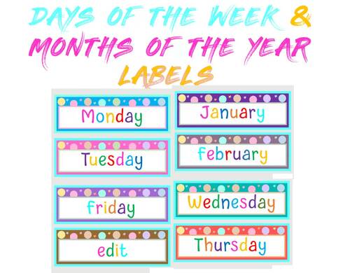 Printable Bright Polka Dots Days of the Week Labels, Months of the Year ...