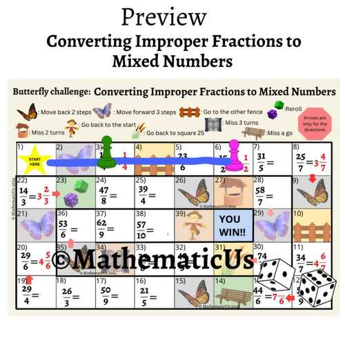 Converting Improper Fractions to Mixed Numbers Butterfly Maths Board ...