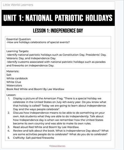 Kindergarten Social Studies National Patriotic Holidays Unit Lesson Plans