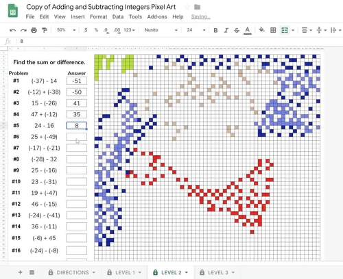 Google Sheets Digital Pixel Art Math Adding and Subtracting Integers