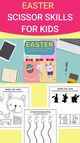 Easter scissor skills activity book for kids and toddlers: Color cut glue