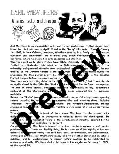 Carl Weathers Bio Comprehension Worksheet/Comprehension Questions About ...