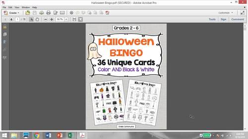 Halloween Bingo with 36 Unique Game Cards in Color and Black and White