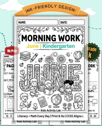 June Morning Work Kindergarten – Daily ELA & Math Morning Work Worksheets