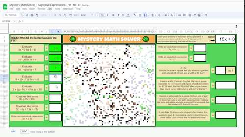 St. Patrick's Day - Algebra Expressions - Digital Math Activity - Pixel Art