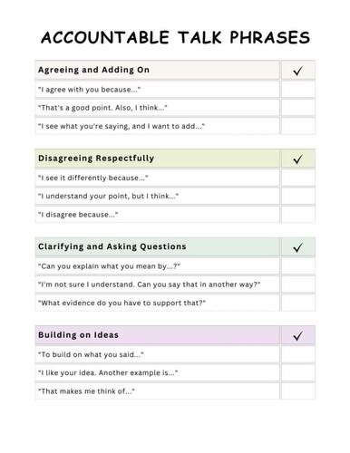 Accountable Talk Phrases by Heartfelt Literacy | TPT