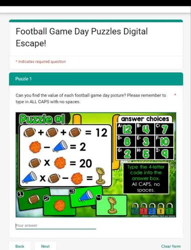 Football Game Day Logic Picture Puzzles Digital Math Escape Room Activity