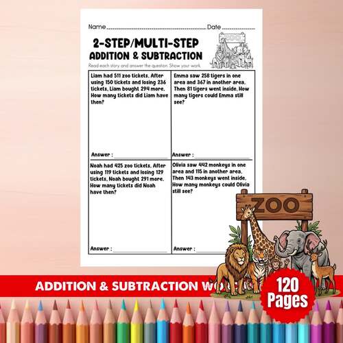 Zoo Grade 4 Addition and Subtraction Word Problems Bundle Worksheets ...