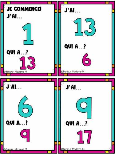 FRENCH Math game J'ai... Qui a...? Les Nombres 1-20 | Numbers 1-20