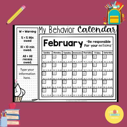 Editable Behavior Calendar for teachers by Valeria craig little learners
