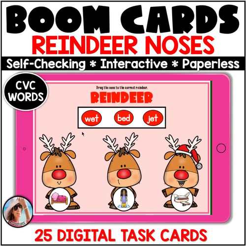 CVC Words Boom Cards | Pin the Nose on the Reindeer by Carrie Lutz