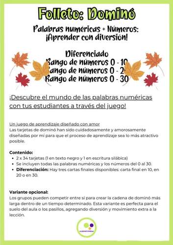 Spanish Numbers 0–30 | Domino Game | Fall Number Words (Autumn Theme)