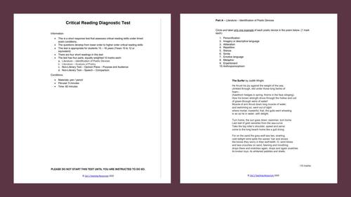 Critical Reading Test by Zac's Teaching Resources | TpT