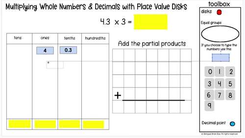 Multiplying Decimals Worksheets - Area Model - Place Value Disks - Standard