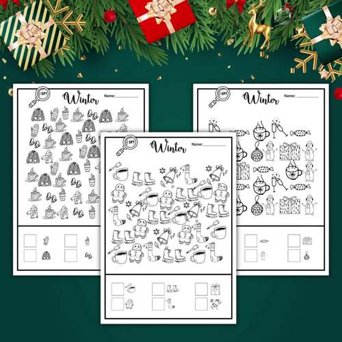 Winter I Spy Worksheets | Color, Count and Graph Christmas Math Worksheets