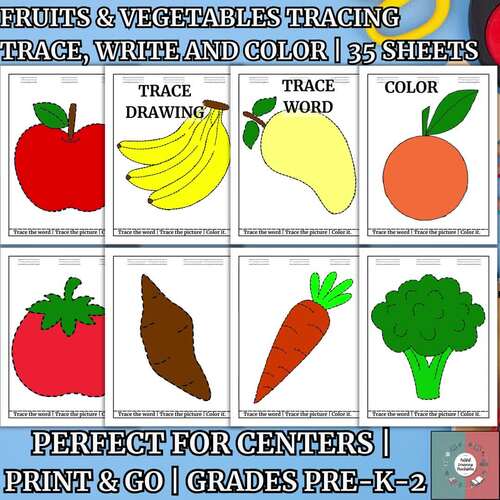 Fruits & Vegetables Tracing Worksheet Bundle | Trace, Write & Color ...