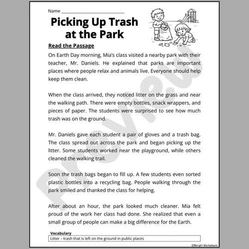 Earth Day Reading Comprehension | Grade 2–3 | Picking Up Trash | TPT