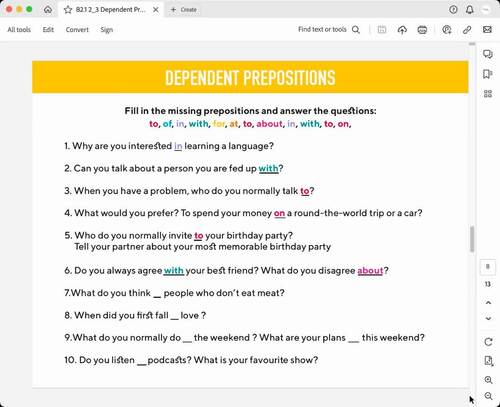 ESL Upper Intermediate Lesson: Speaking Exercise Dependent Prepositions