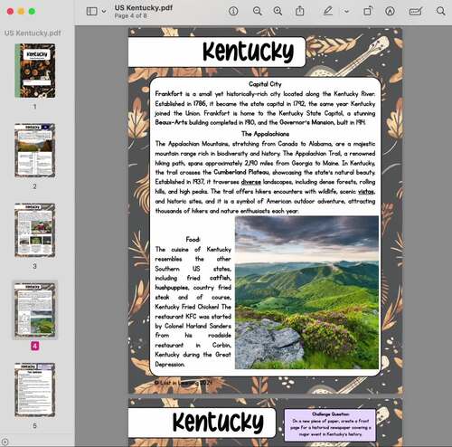 Kentucky || US States || Information Text Close Reading Comprehension