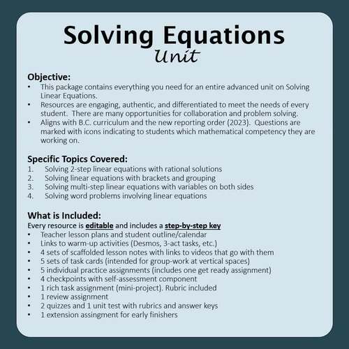 BC Math 9 Solving Linear Equations Unit | No Prep! Engaging ...