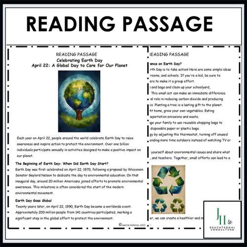 DIGITAL Earth Day Reading Comprehension Activities | 6-8 ELA | No Prep ...