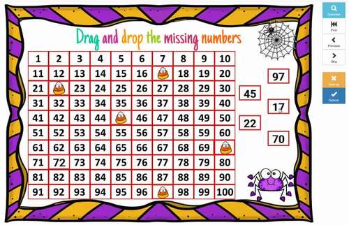 Halloween Math Games Boom Cards Hundreds Chart Missing Numbers Within 100
