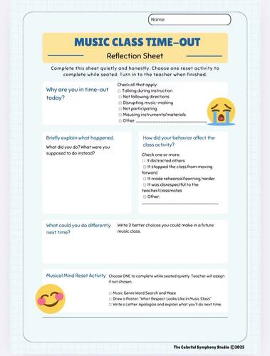 Music Class Time-Out Toolkit – Behavior Reflection Sheets | TPT