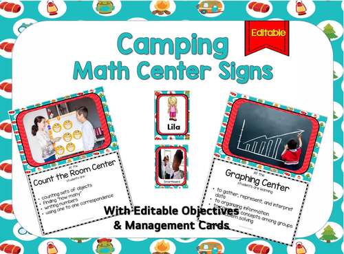 Camping Themed Math Center Signs With Editable Objectives Center Posters