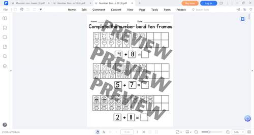 Monster Number Bonds 11-20 Decomposing Addition Ten Frames Part Whole ...