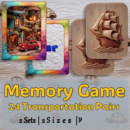 Transportation Memory Game: Matching Cards Printable for Kids, 2 Sets, PDF