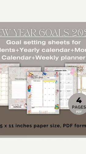 New year goals 2024 -Goal setting sheets student+Monthly Calendar ...