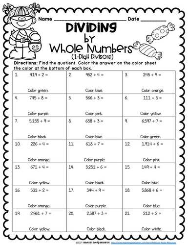 Halloween Long Division 1-Digit Divisors Color by Number | TpT