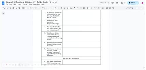 Speak (Anderson) Reading Guides & Answer Keys for All 4 Marking Periods