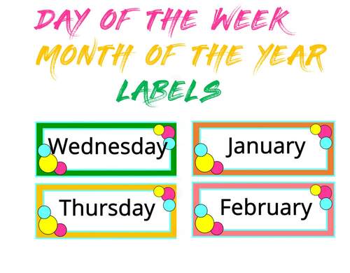 Printable Weekdays and Months Labels, Bright Classroom Calendar Label